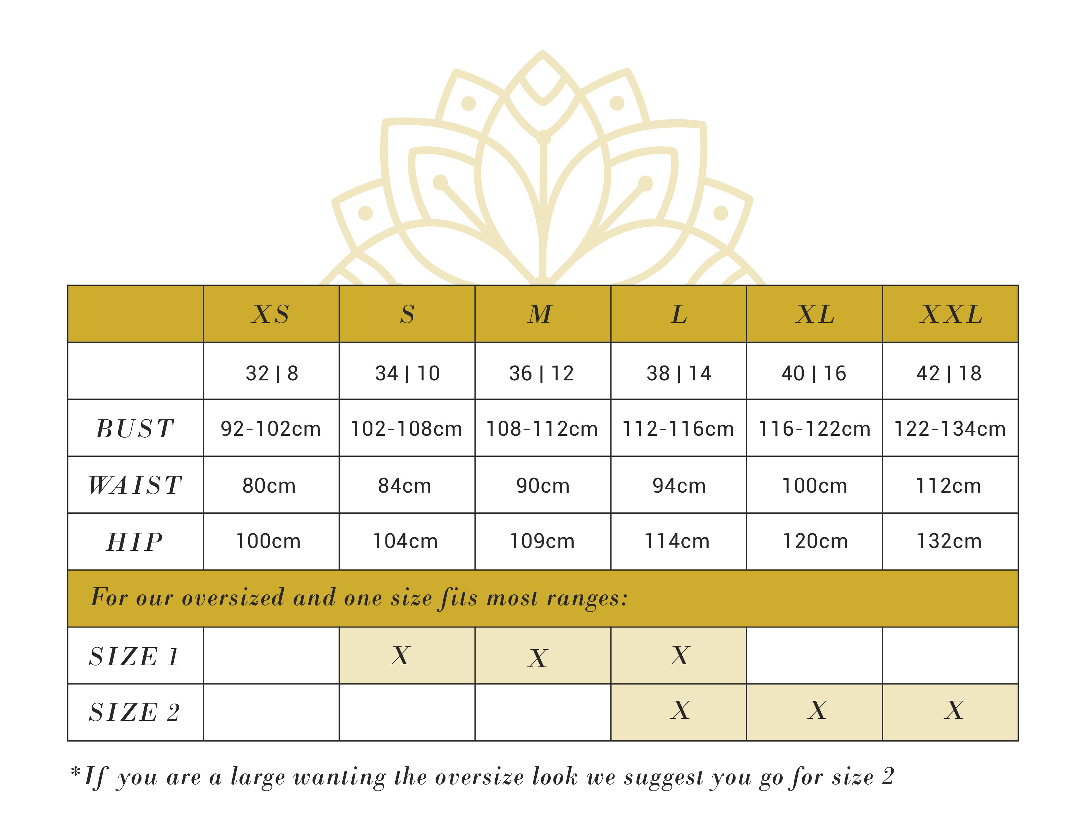 SIZE CHART – Nicola Jane "all things beautiful"